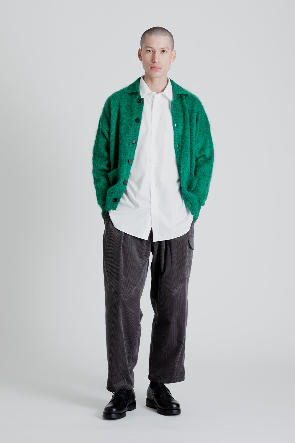 Kaptain Sunshine Brushed Wool Mohair Cardigan in Green | Wallace Merca ...